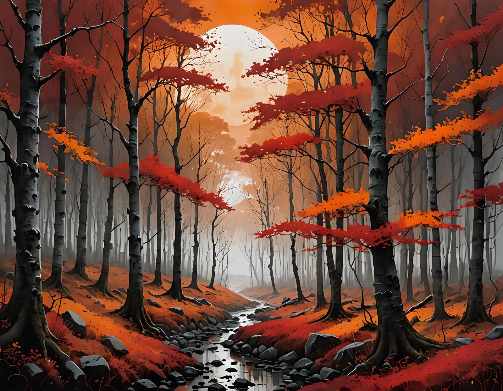 Happy red forest moonscape in art brut style - AI Generated Artwork ...
