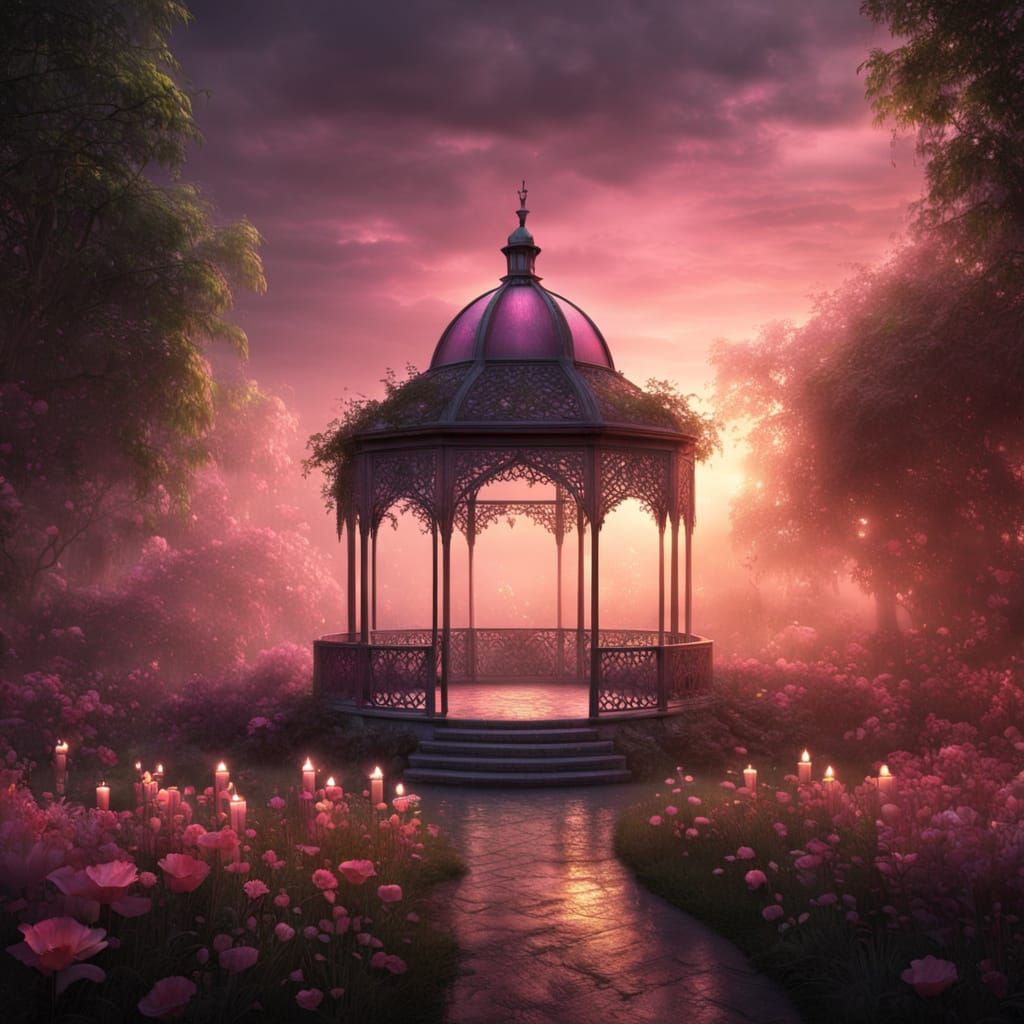 candlelight garden - Surreal Sunset Gazebo in a Mystical Fog...
