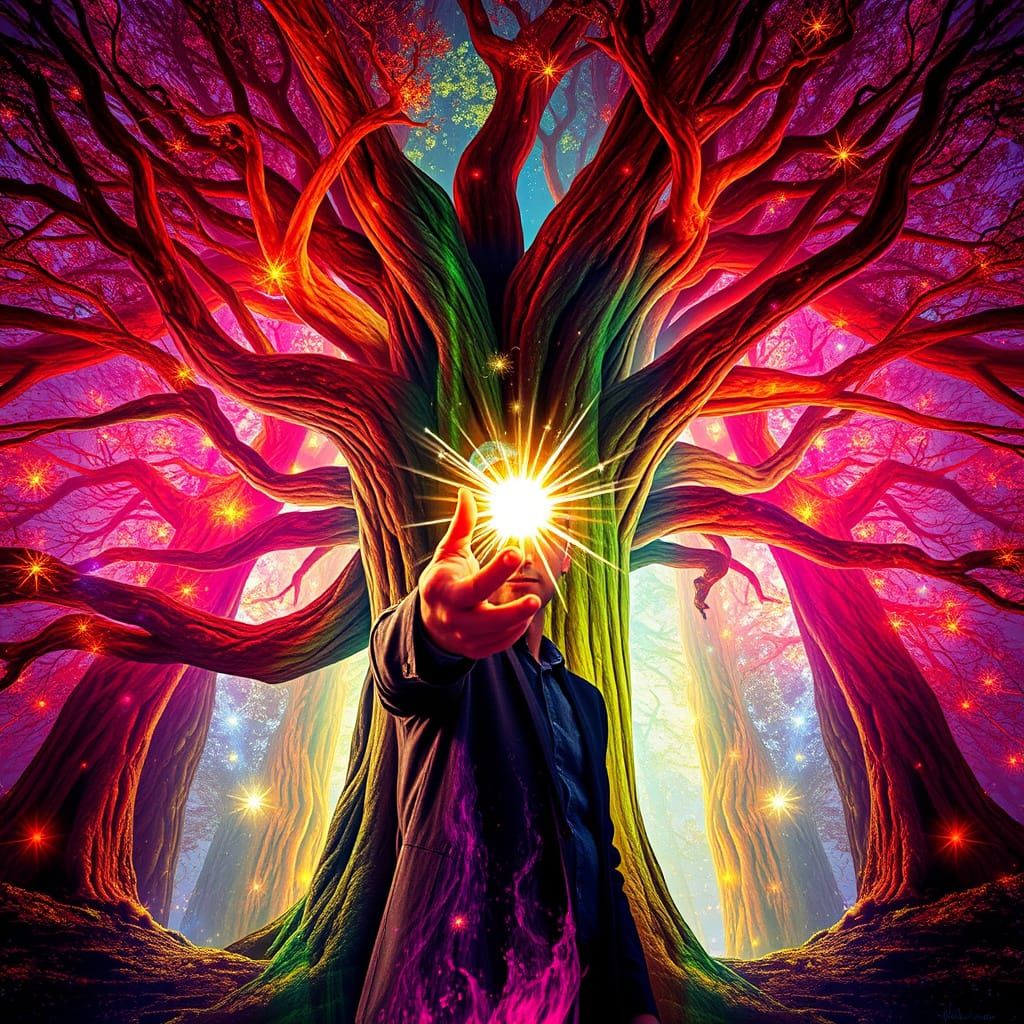 Mystical magical gigantic enchanted trees. Double-exposure: image of a ...