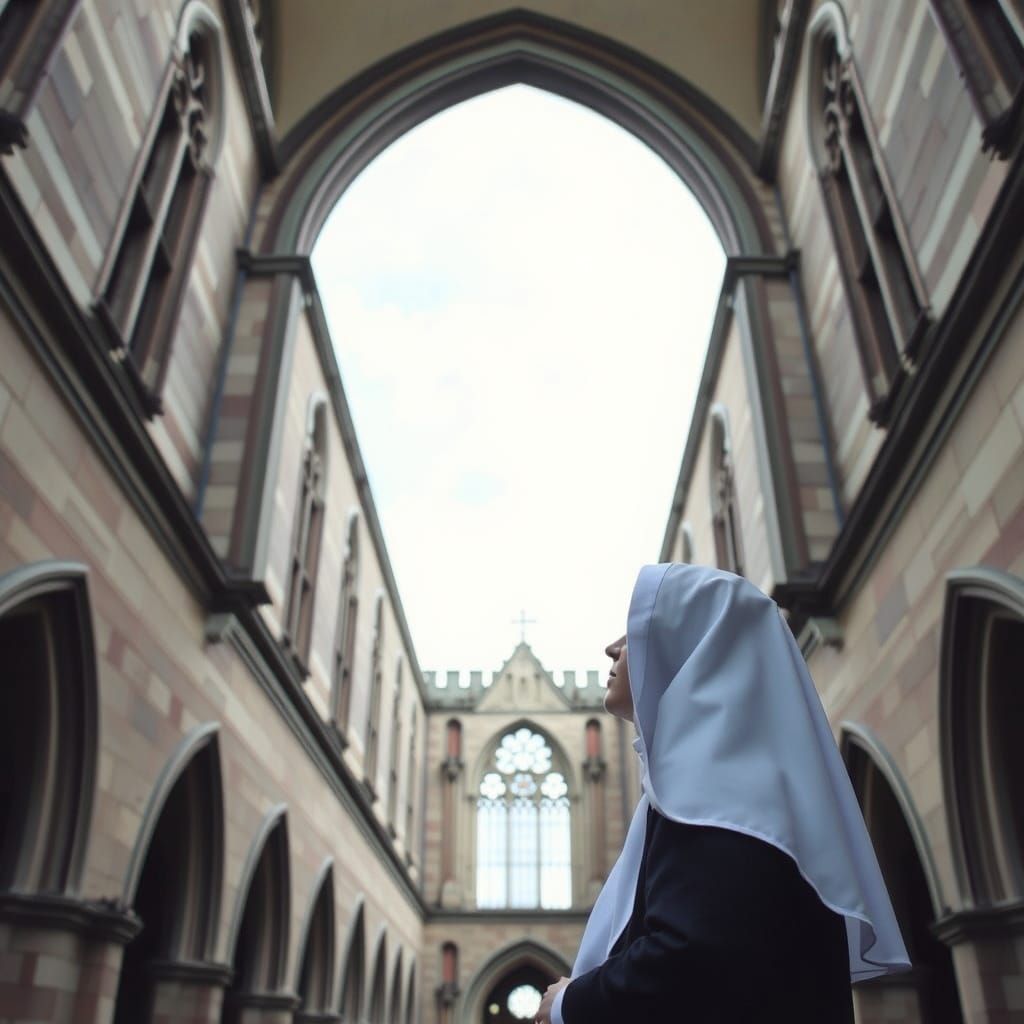 Gothic Nun Contemplates Under Convent Arch - AI Art