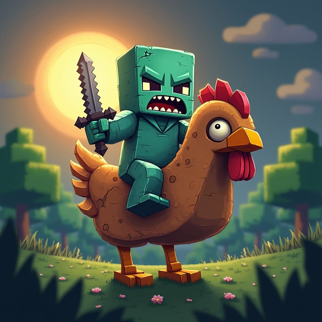 Minecraft Zombie Chickens in Blocky, Pixelated Glo... - AI Art
