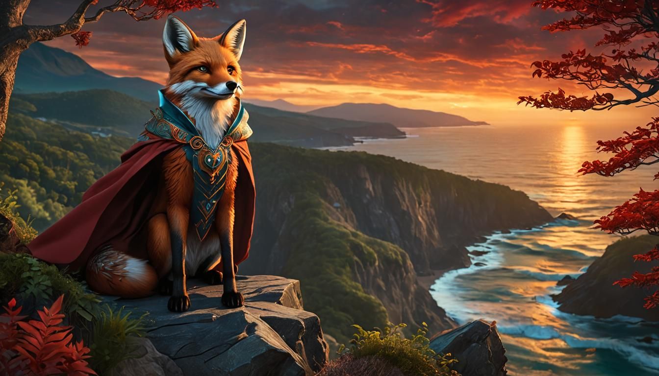 dark, stylized striking ANTHROPOMORPHIC Red Fox; WEARING FANTASY ATTIRE ...