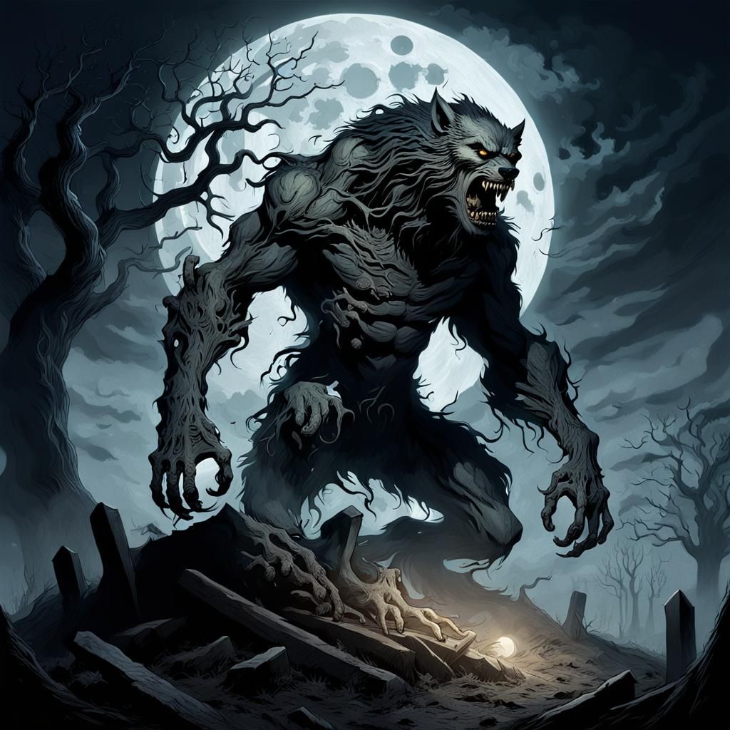 Dark Fantasy Werewolf Emerges from Grave at Full M... - AI Art