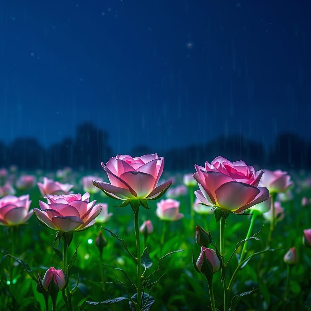 Glowing Roses in an Emerald Field Under a Biolumin... - AI Art
