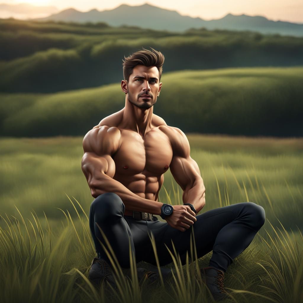 full body 20 year old man short facial hair and medium hair. Sixpack ...