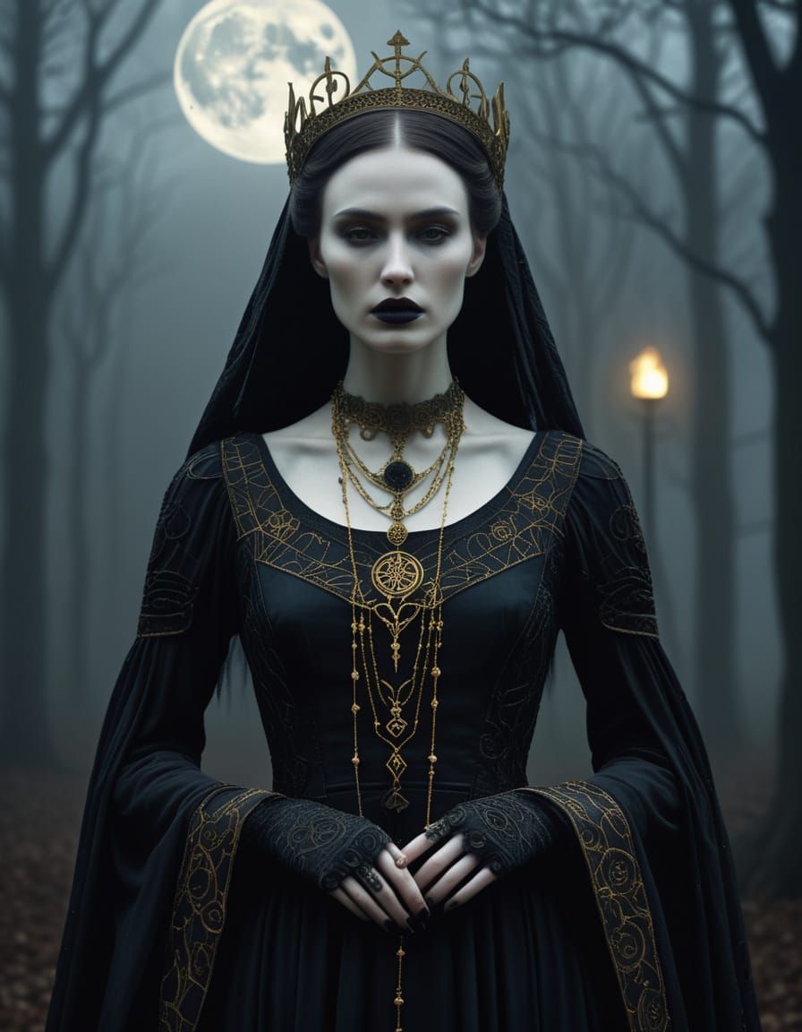 Ethereal Gothic Maiden in Mystical Moonlit Scene - AI Art