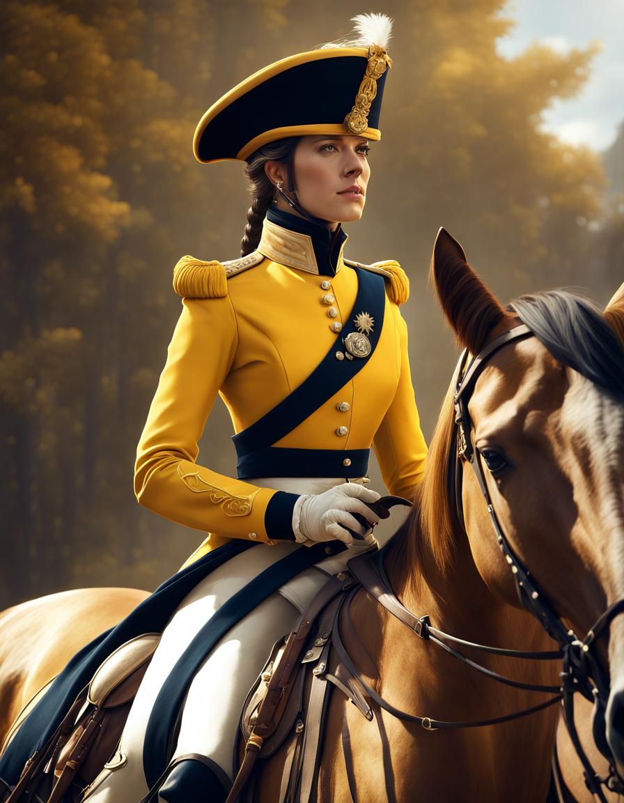 Equestrian portrait: female Napoleonic war general on horseback. Yellow ...