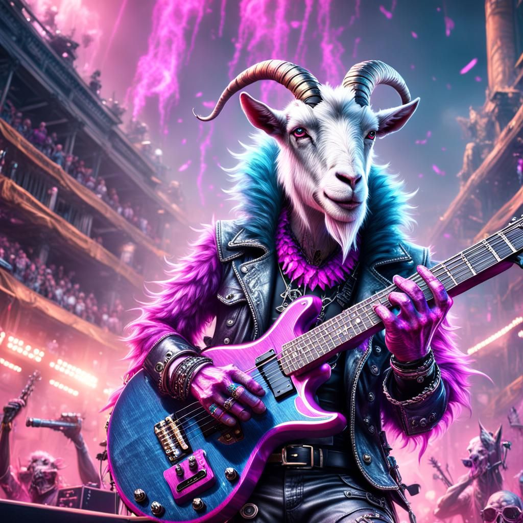 goat muscular punk rocker with guitar and glasses. glittering stage ...