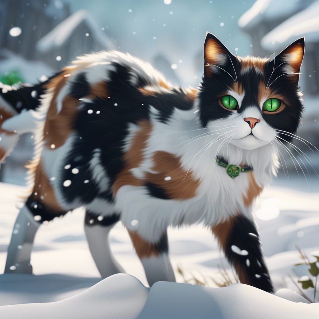 calico cat with green eyes in the snow - AI Generated Artwork ...