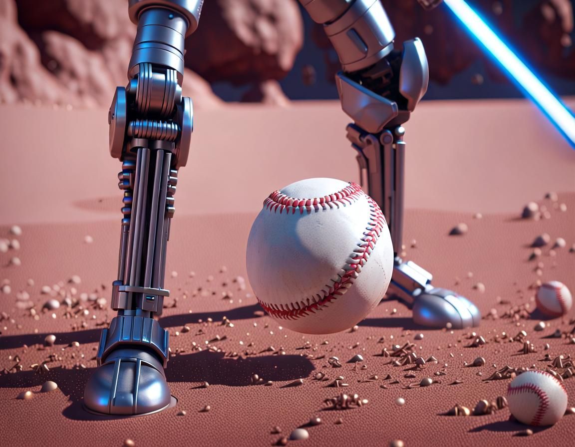 robot baseball player holding a light saber baseball bat , intricate ...