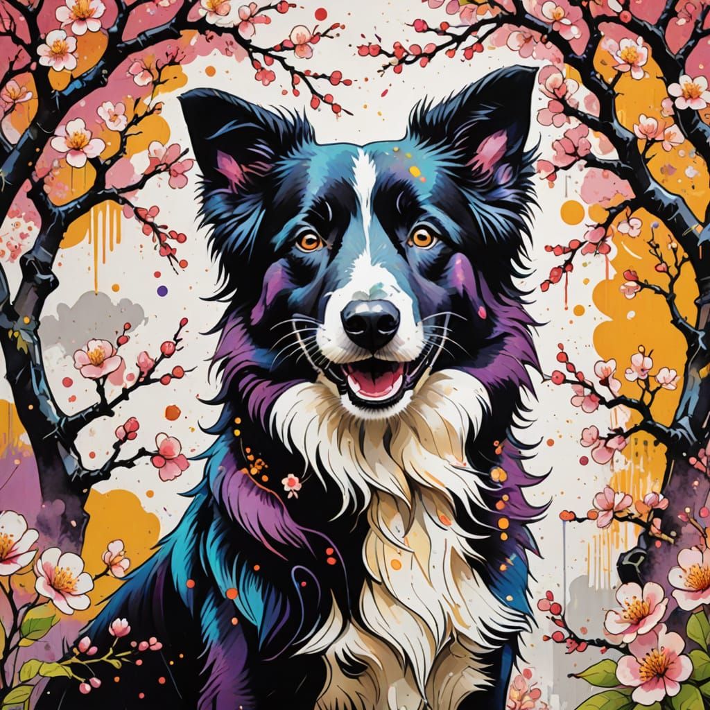 Street art-inspired colorful Chinese-style mural of a happy Border Collie