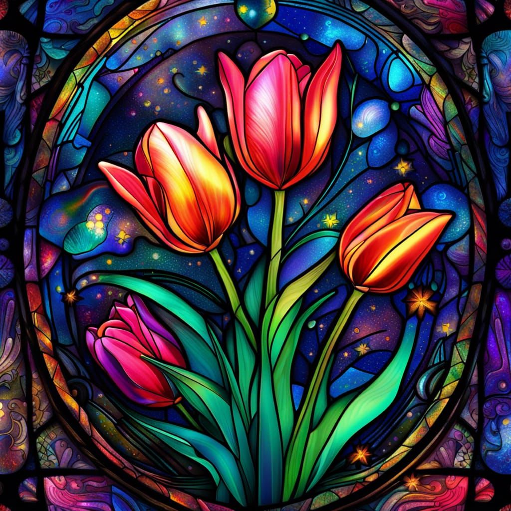 tulips from stained glass 8k resolution holographic astral cosmic ...