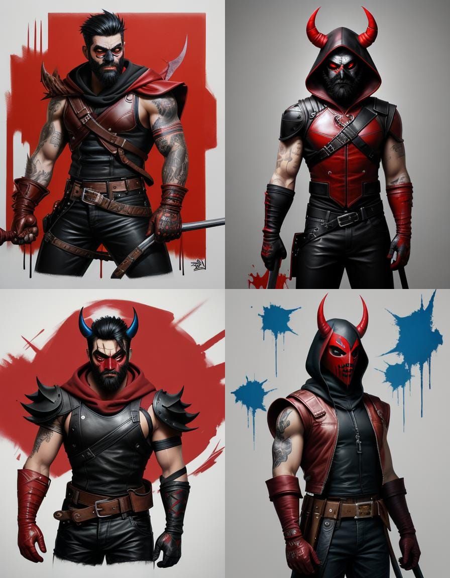 a young muscular jock with short black hair and beard in red leather ...