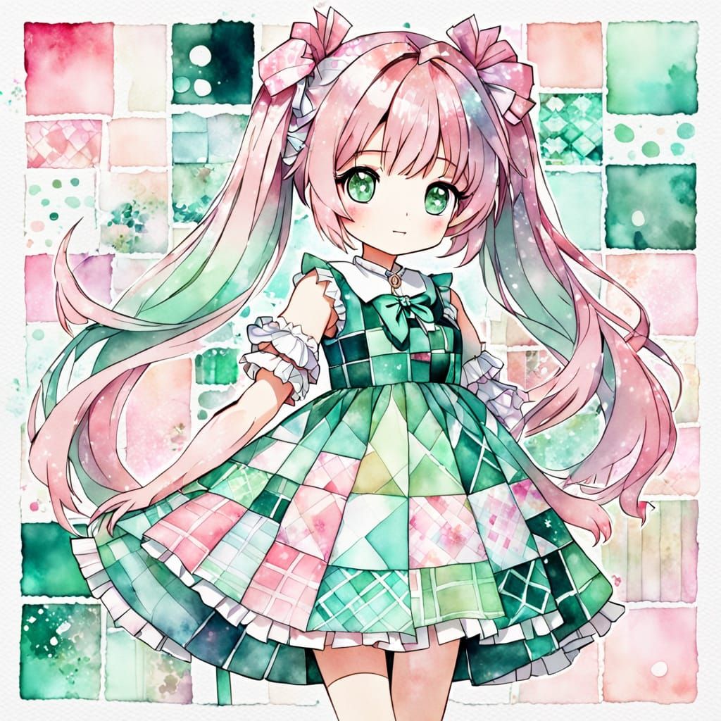 Patchwork Princess - Anime Girl in Patchwork Dress: Watercol...