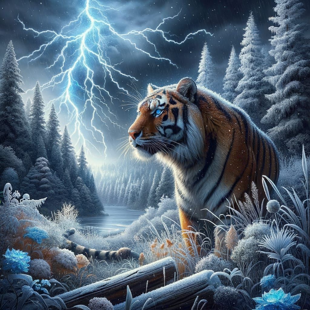 Majestic Tiger in Frosty Jungle with Icy Lightning... - AI Art