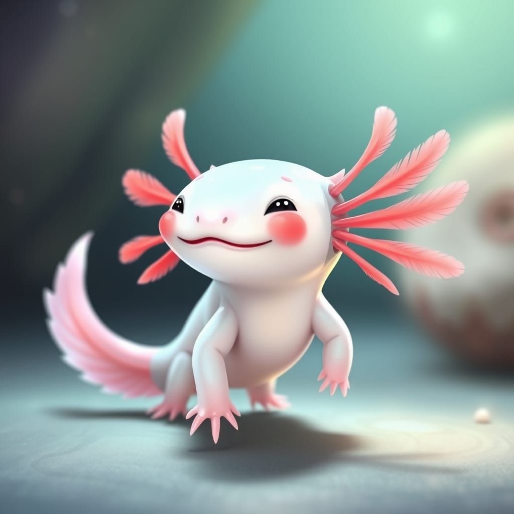 A cute and whimsical axolotl (Mexican walking fish) with a cylindrical ...