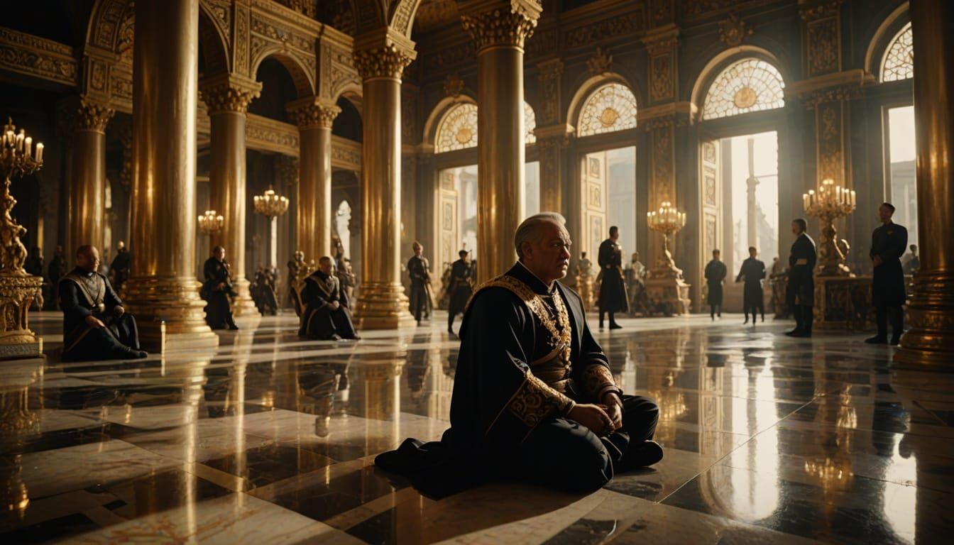 Roman Empire, showing an emperor sitting in a grand palace surrounded ...