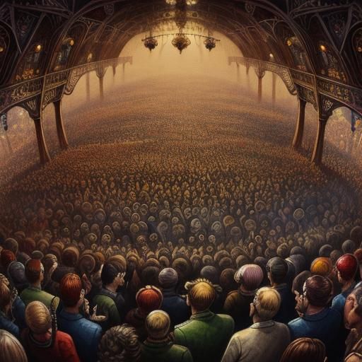 Crowd crying in front of a politici ,whimsical, sad, caricatural art ...