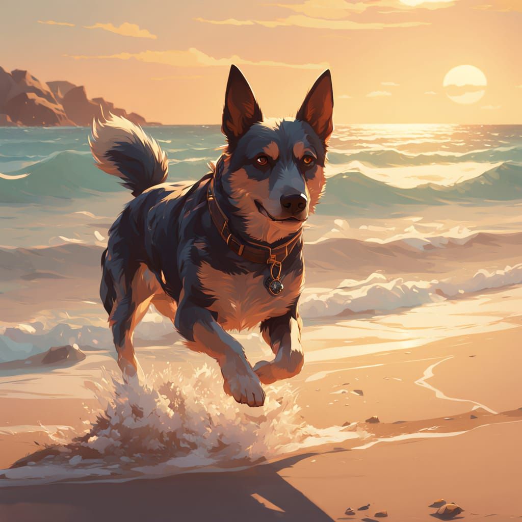Vibrant Beach Scene with Cattle Dog in Warm Golden... - AI Art