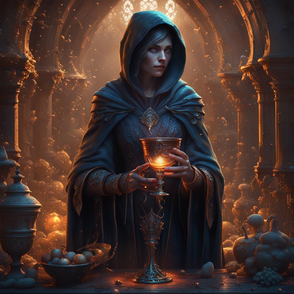 A female figure hooded with a dark cloak offers a goblet of shimmering ...