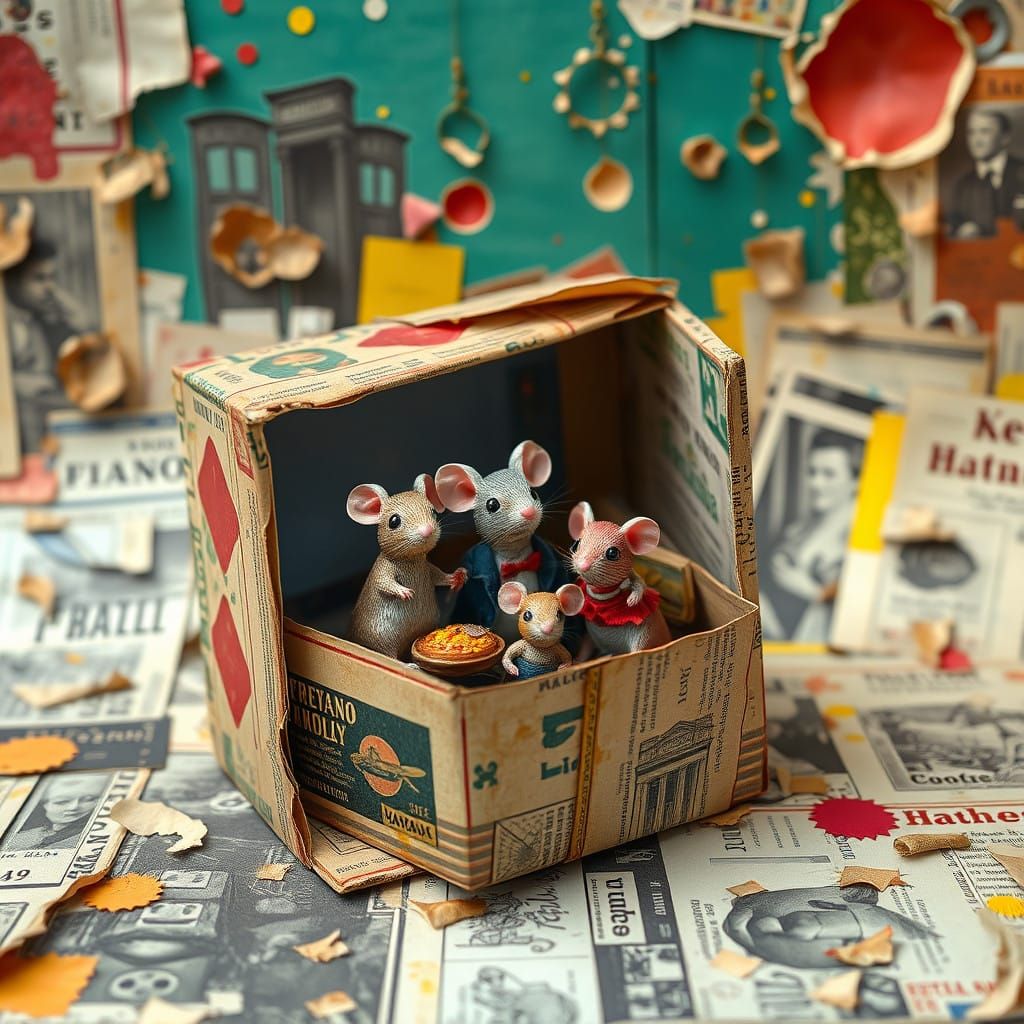 Mice from attic - Vibrant Mouse Family in 3D Cuban Collage