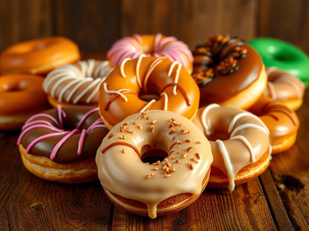 Vibrant Doughnuts on a Wooden Table in Hyper Reali... - AI Art