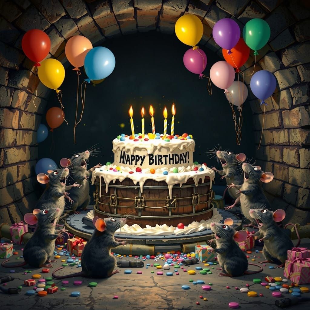 This image shows a lively sewer party with a giant mousetrap cake ...