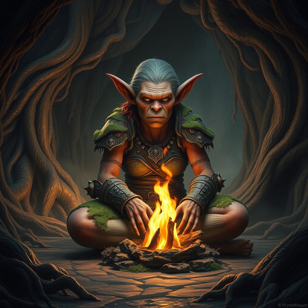 Cave troll - Mystical Troll Maiden in Earthy Armor Beside Go...
