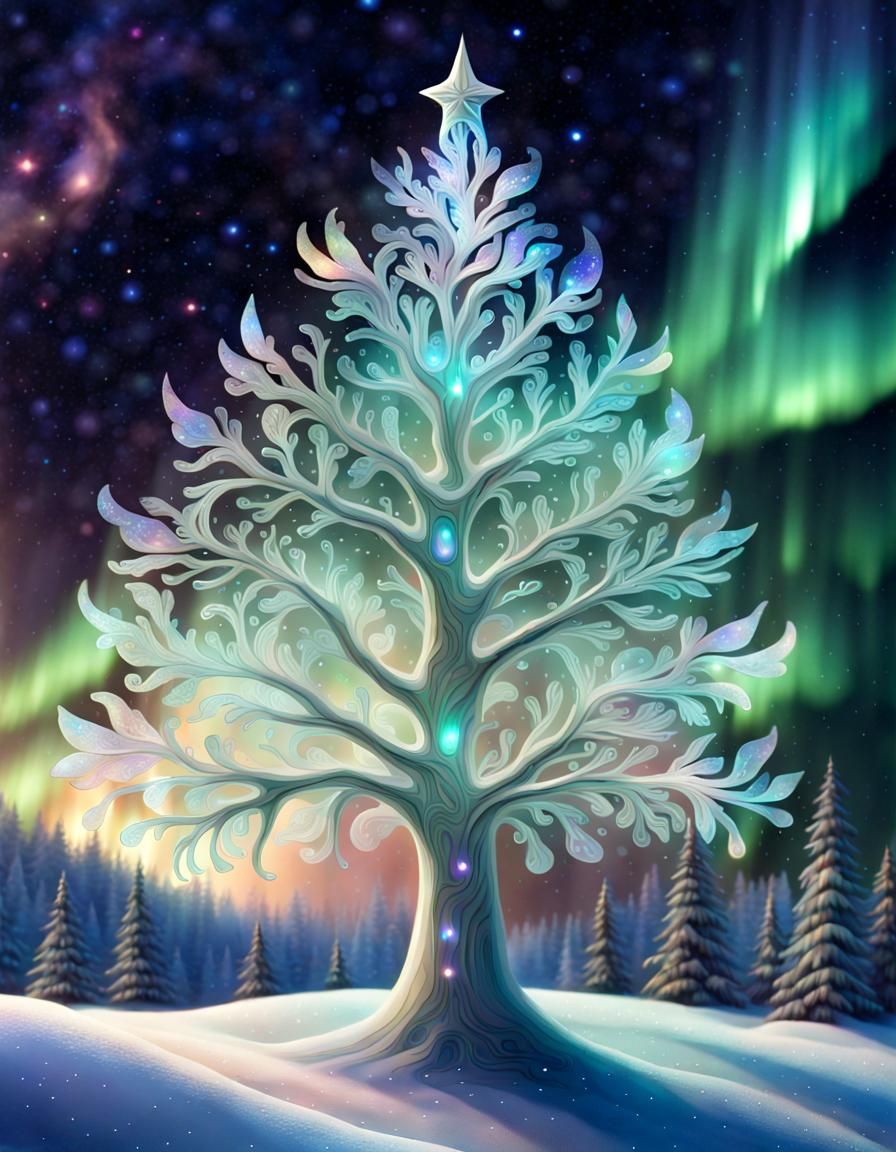 "A crisp clear decorated Pagan Yule tree made of translucent iridescent ...
