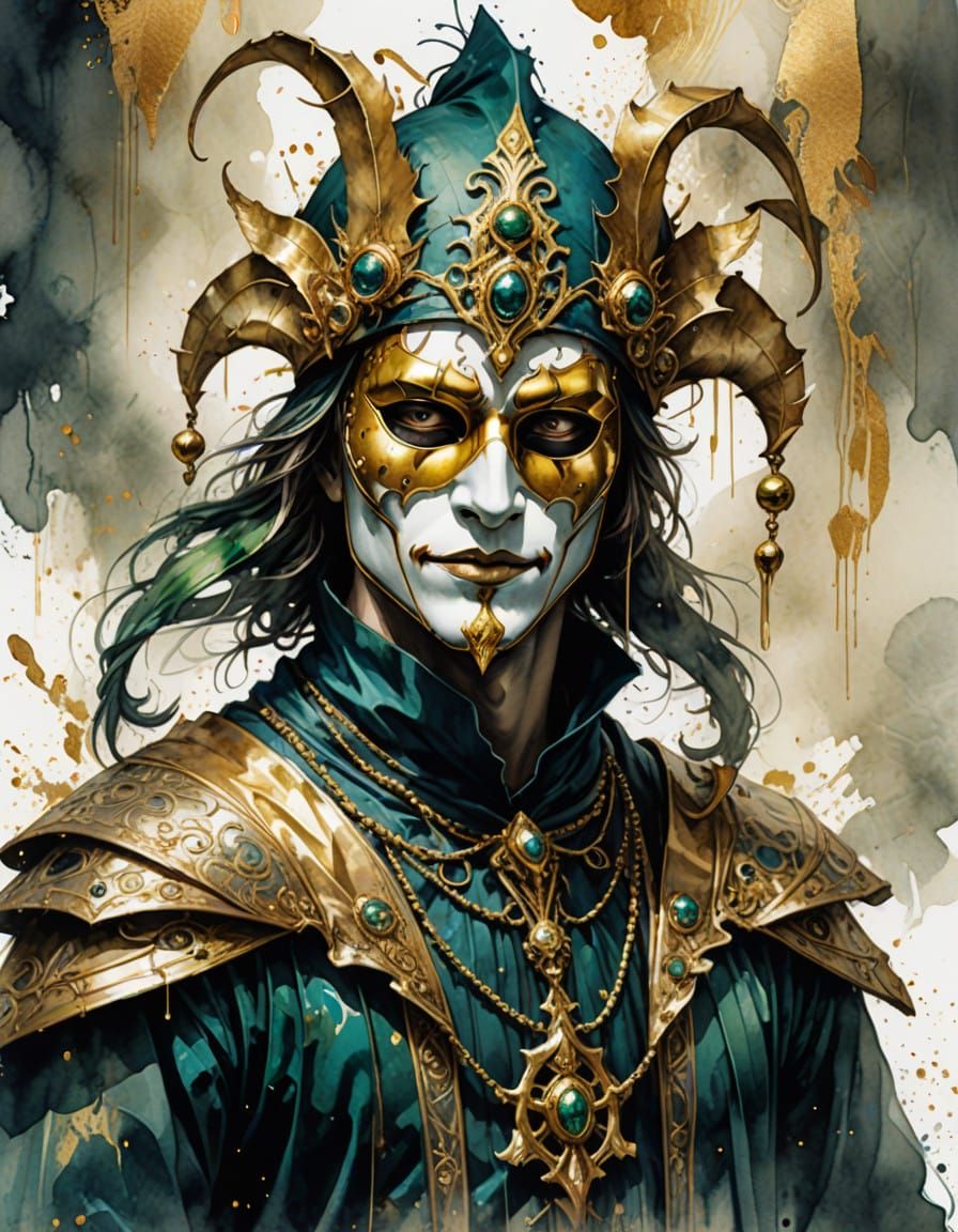 mysterious masked jester wearing golden venetian mask, secretive ...