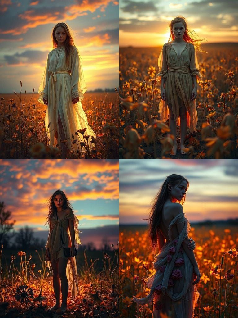 Girl in Field of Decaying Flowers Under Twilight S... - AI Art