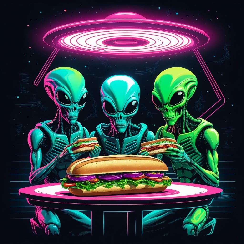 Aliens Serve Neon Retro-Style Sub Sandwich to Abdu... - AI Art