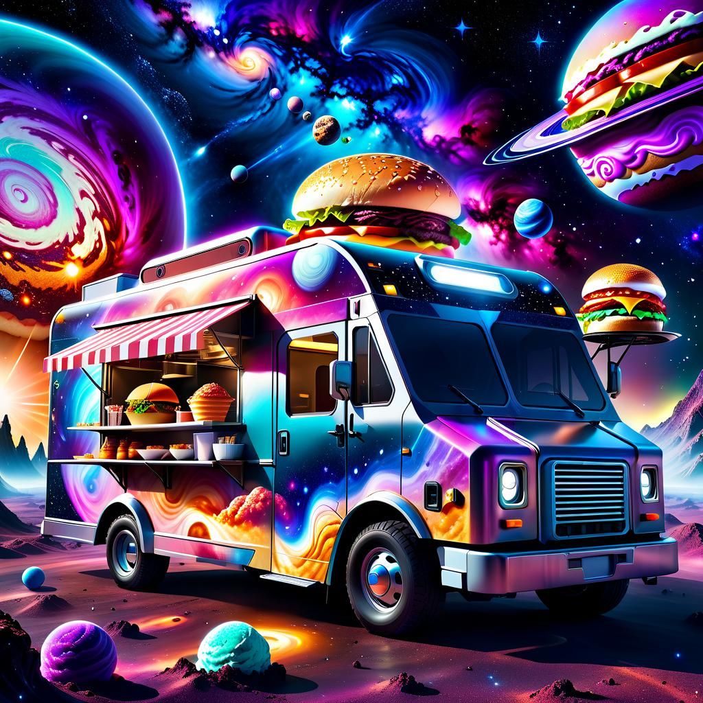 Futuristic Foodtruck Serving Flying Food in Intergalactic Cosmic ...