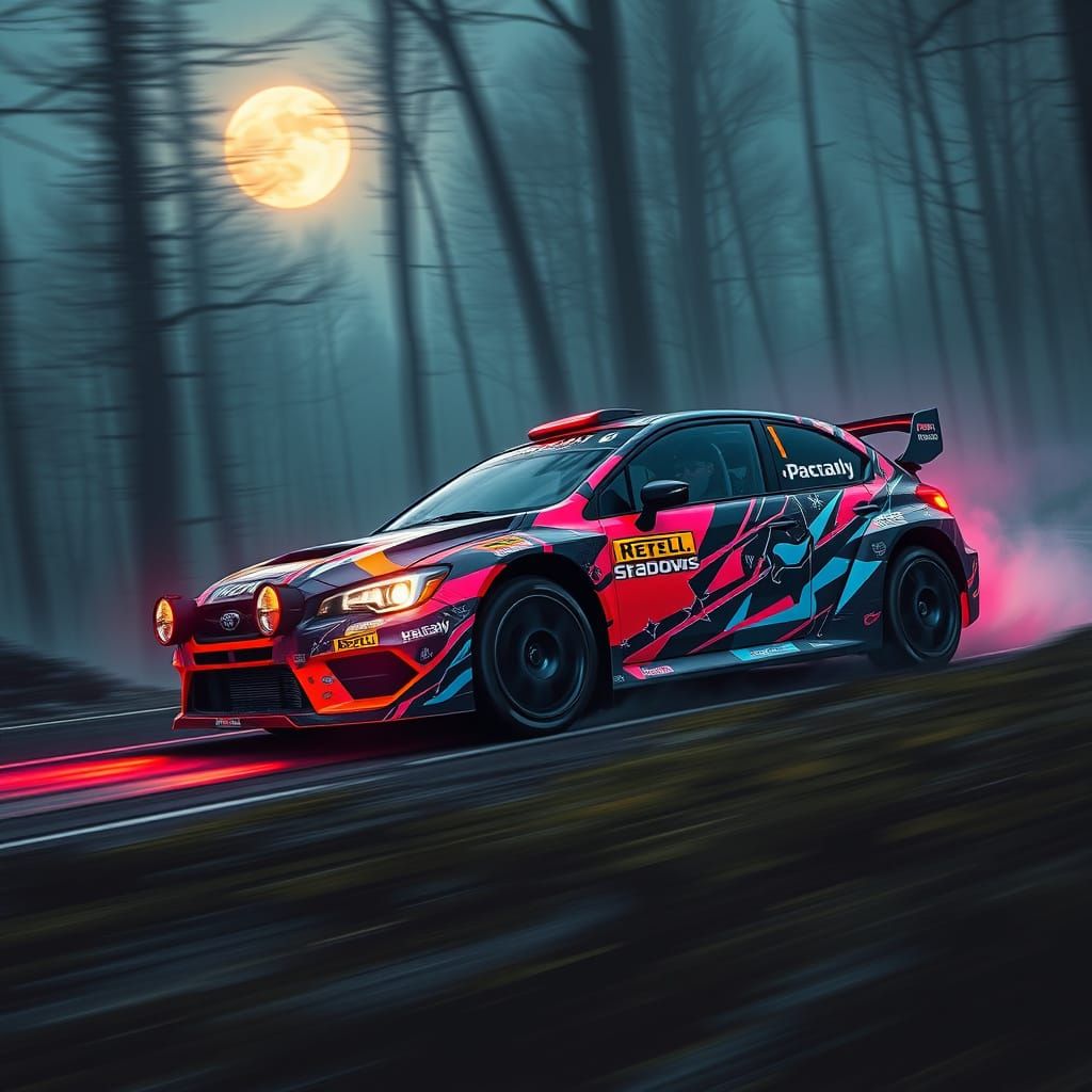 Rally car wrapped in "shadows of salford" artwork