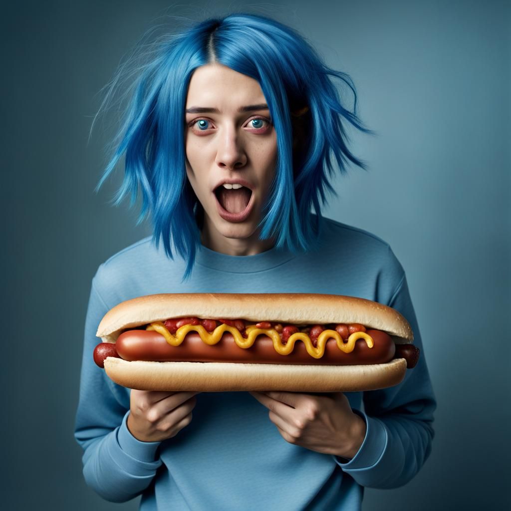 A lascively hotdog biting beautiful emo Teen with blue hair full body ...