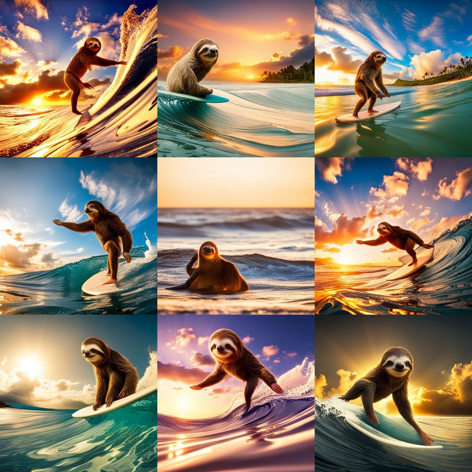 cute sloth riding waves on a surf board in hawaii, vibrant sky - AI ...