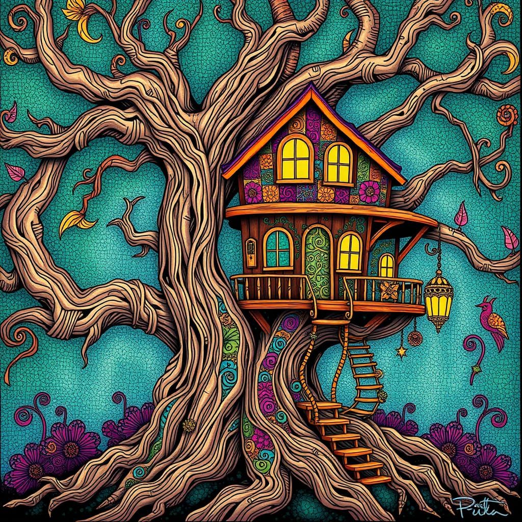 Surreal Treehouse in Whimsical Zentangle Style - AI Art