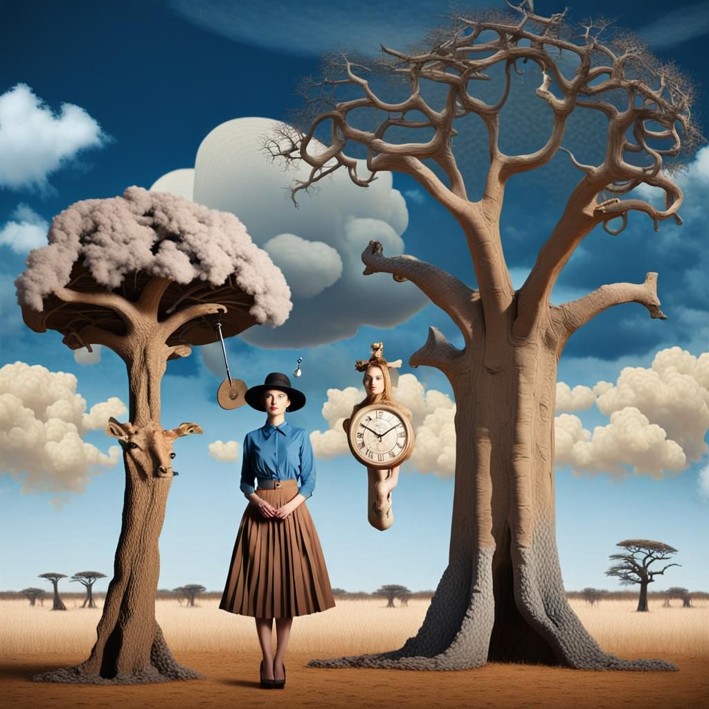 No giraffe - Surreal Woman Under Baobab Tree with Melting Cl...