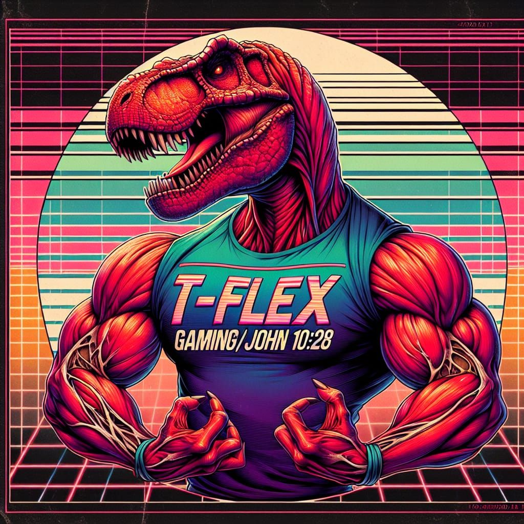 Muscular Red T-Rex Flexing in Synthwave Comic Styl... - AI Art