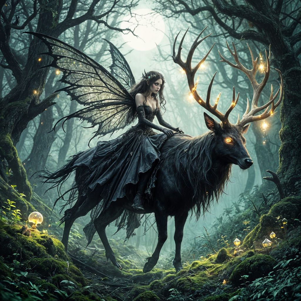 Gothic Fairy Rides Bioluminescent Stag through Anc... - AI Art