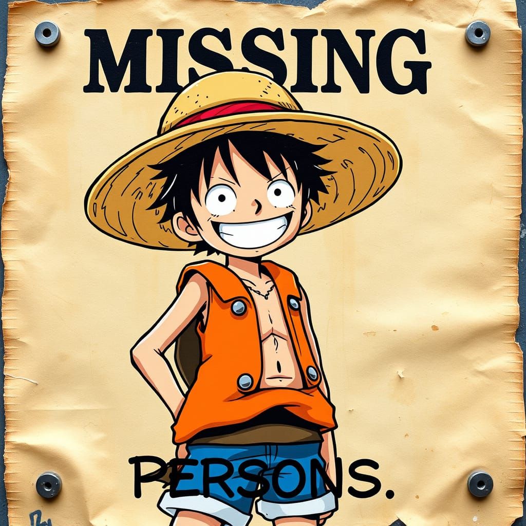 Luffy on a Vintage Missing Poster in Japanese Stre... - AI Art