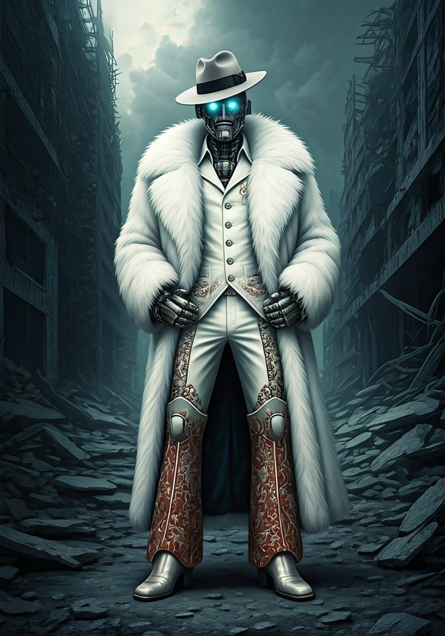 """A realistic robot dressed like a 1970's Pimp, wearing a white fur ...