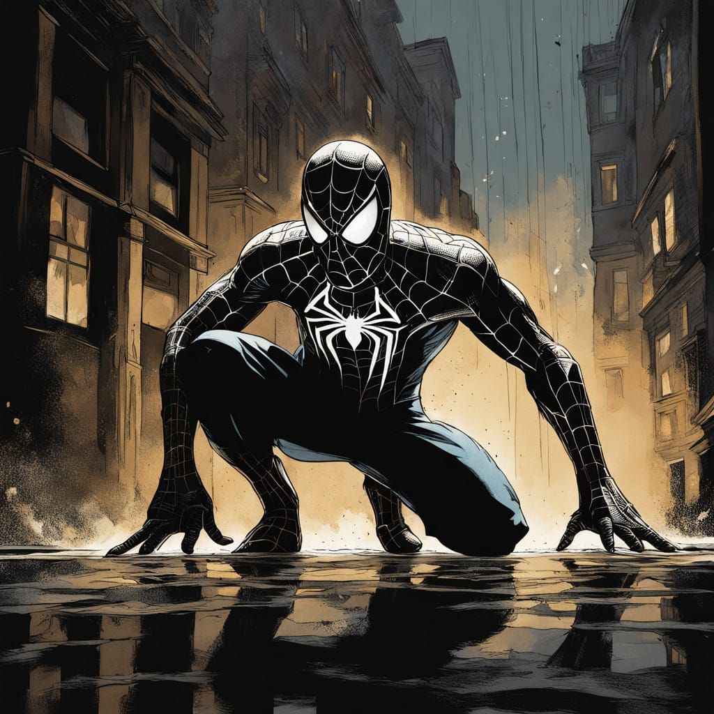 Spider-man in Epic, Romantic Darkness, Oil on Canv... - AI Art