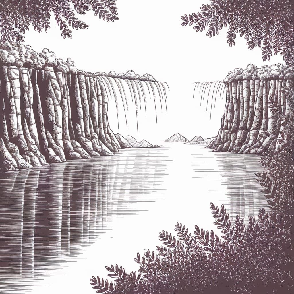 Waterfall ink drawing - Dramatic Dawn Ink Drawing of Victori...
