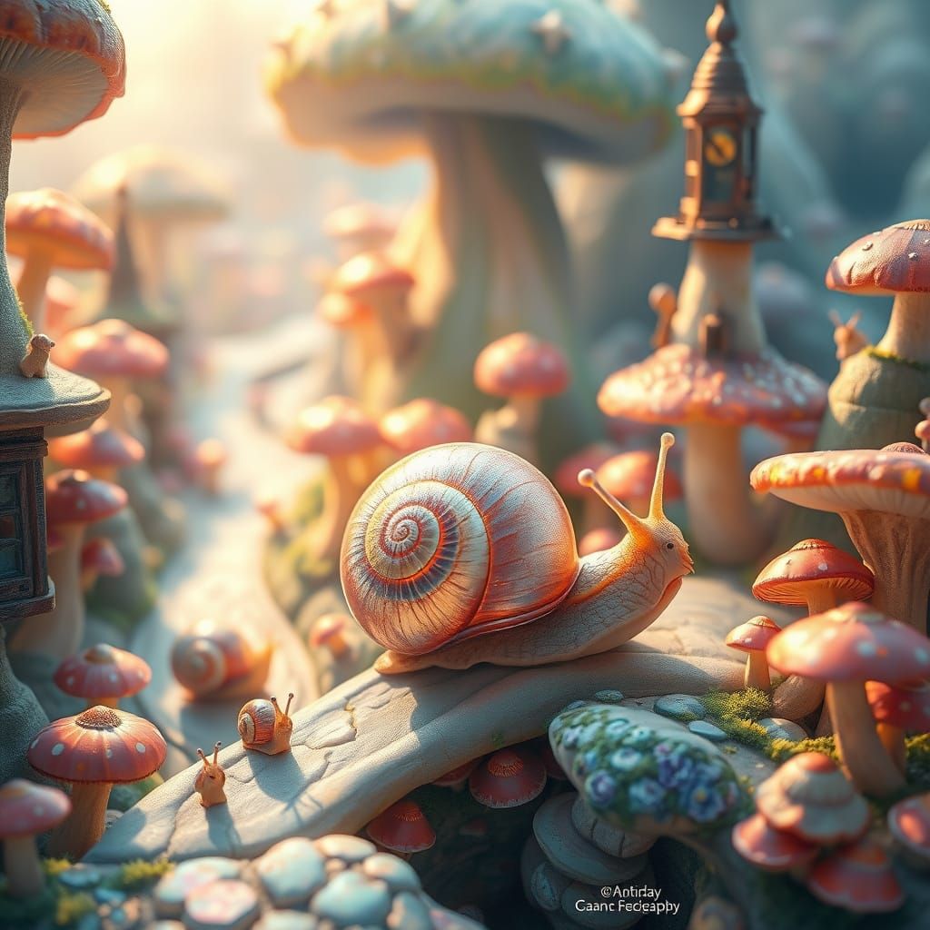 Snail city - Whimsical Mushroom Metropolis with Tiny Snails