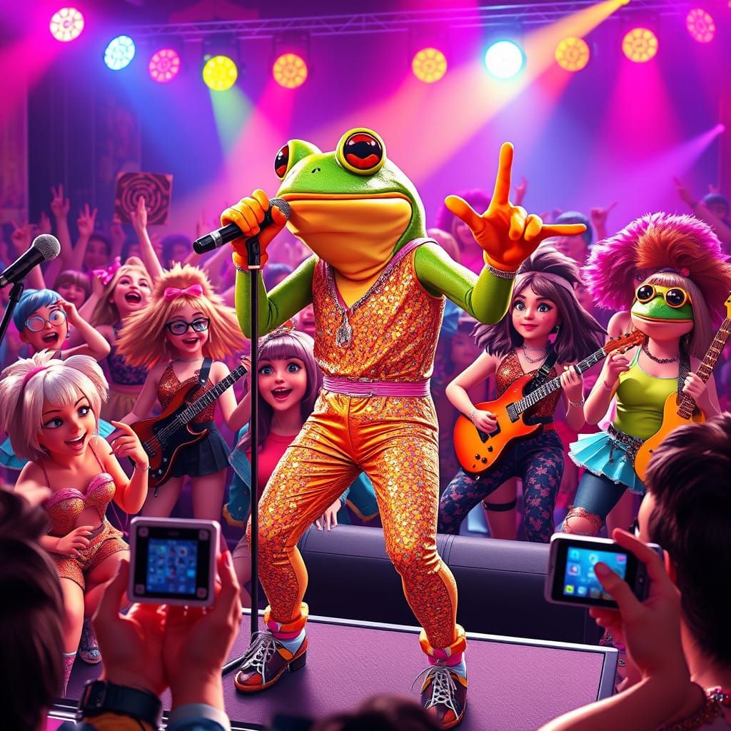 Energetic Bullfrog Rock Band Takes the Stage - AI Art