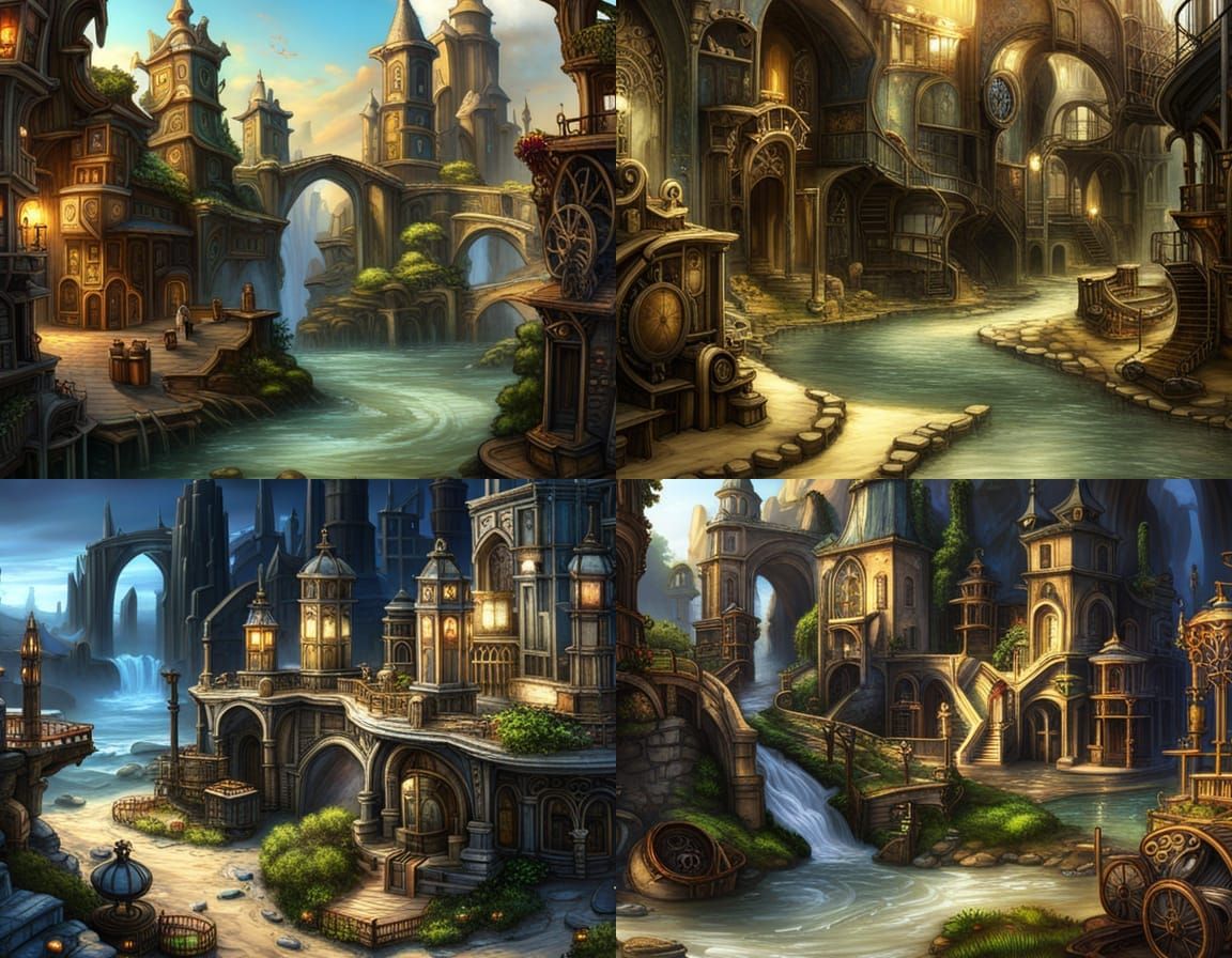 Fantasy stone gears gearpunk steampunk city with waterfalls of sand and ...