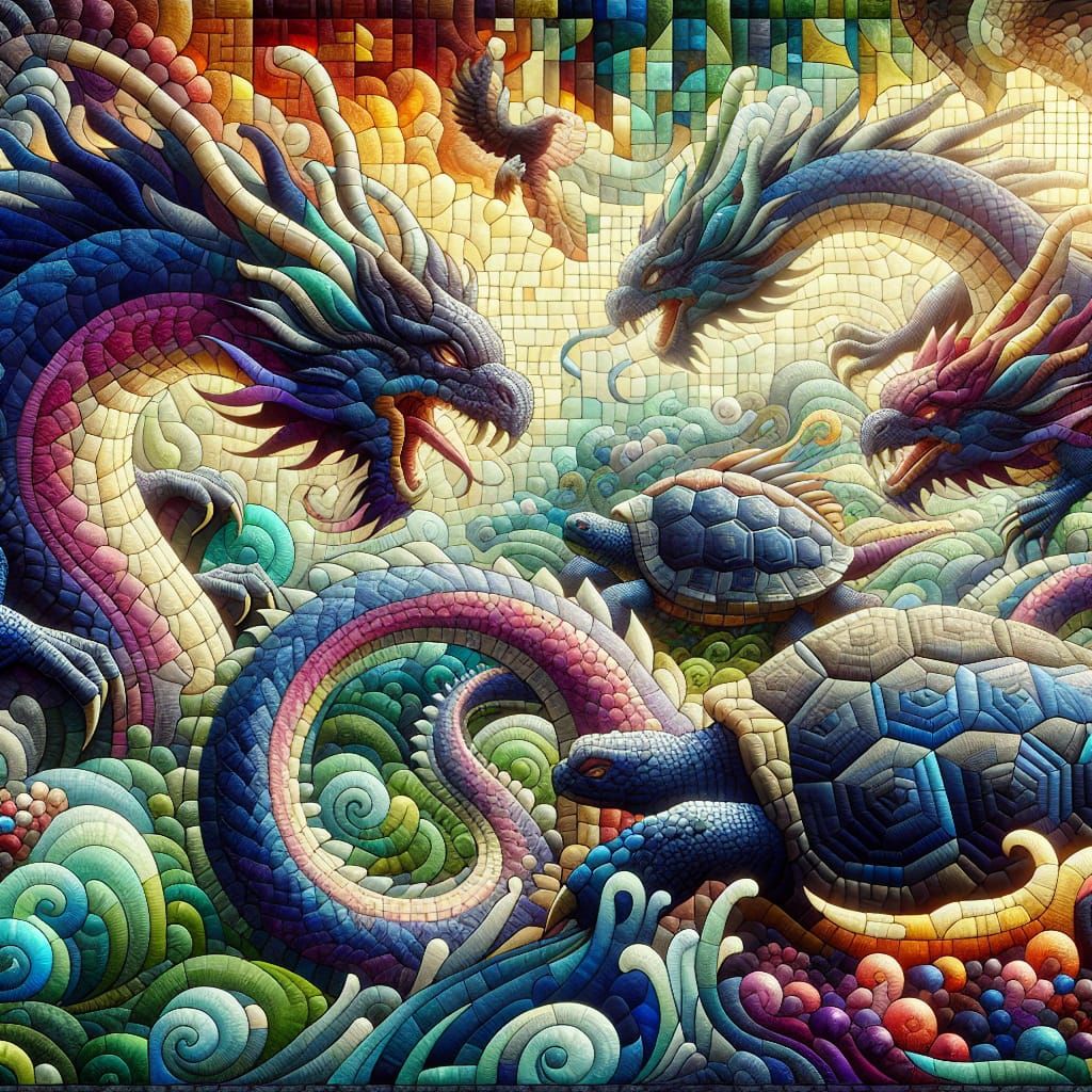 Tessellations dragons and turtles | detailed matte painting, deep color ...