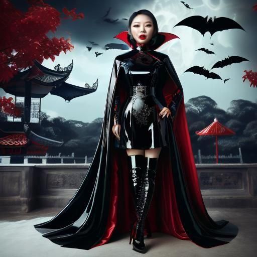 a Vietnamese Female Vampire in a Ai dai made of Black Patent leather ...