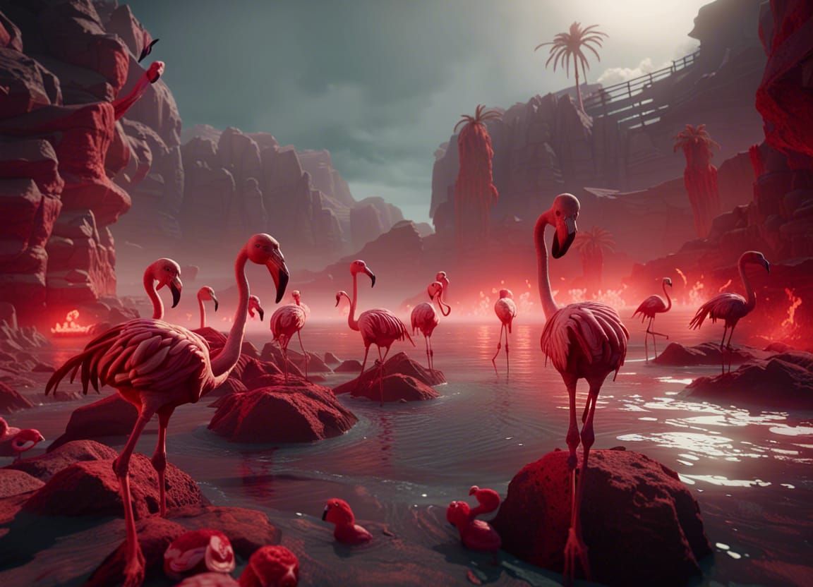Hellscape. zombie skeleton Flamingos on rocky Shoreline in hell. red ...